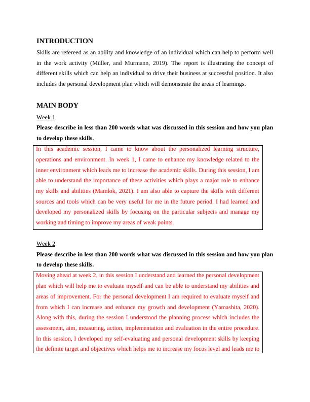 Personalised Learning Weekly Reflective Journal - Skills Development