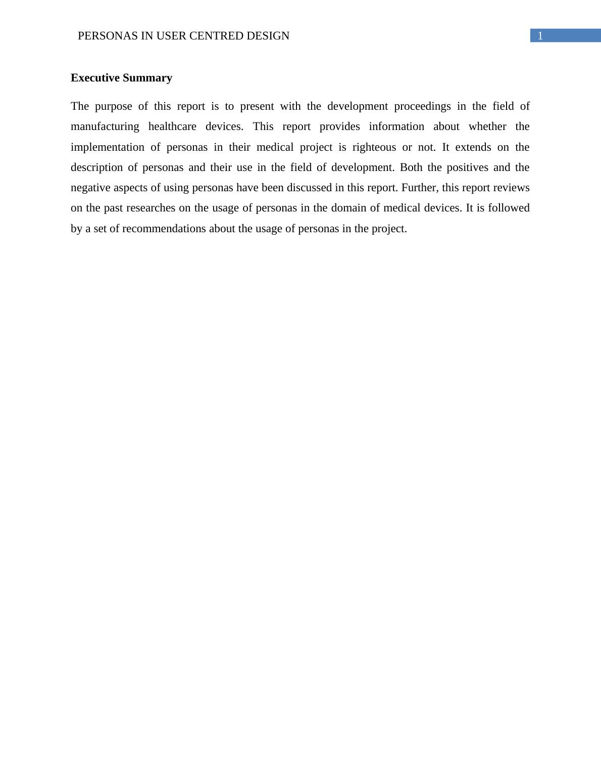 Report: Personas in User Centered Medical Device Design