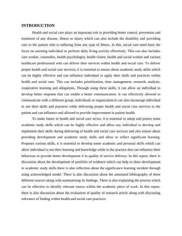 Portfolio of Evidence for Academic Study Skills in Health and Social Care