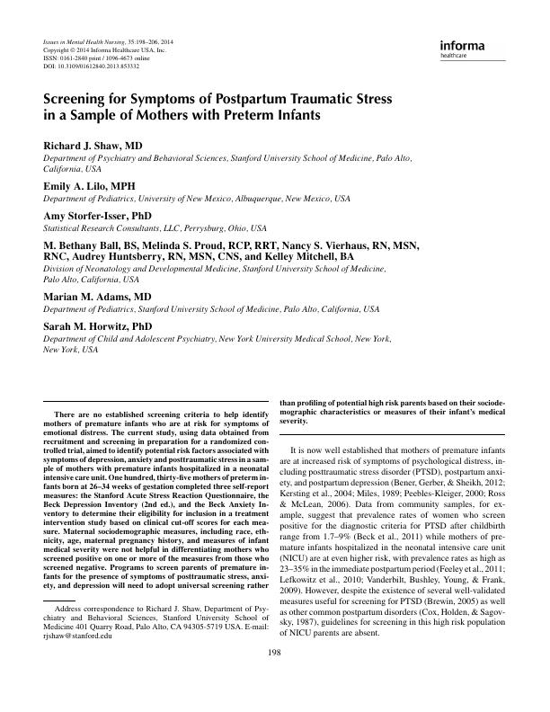 Screening for Symptoms of Postpartum Traumatic Stress in Mothers with ...