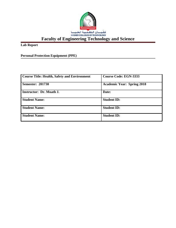 PPE Lab Report for Health, Safety and Environment Course - Desklib