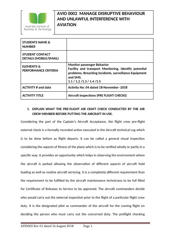 Pre-Flight Aircraft Check Conducted by Air Crew Members - Desklib