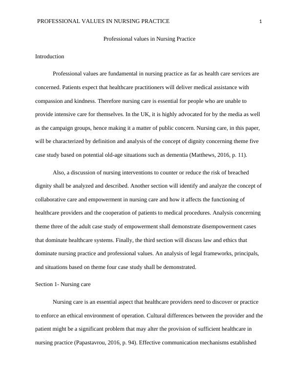 Professional Values and Ethics in Nursing Essay NUR5065