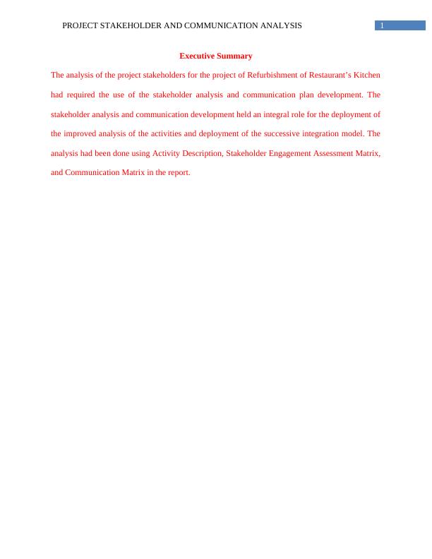 Project MGT201A: Stakeholder Analysis & Communication