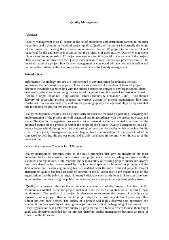 Quality Management in IT Projects - Desklib