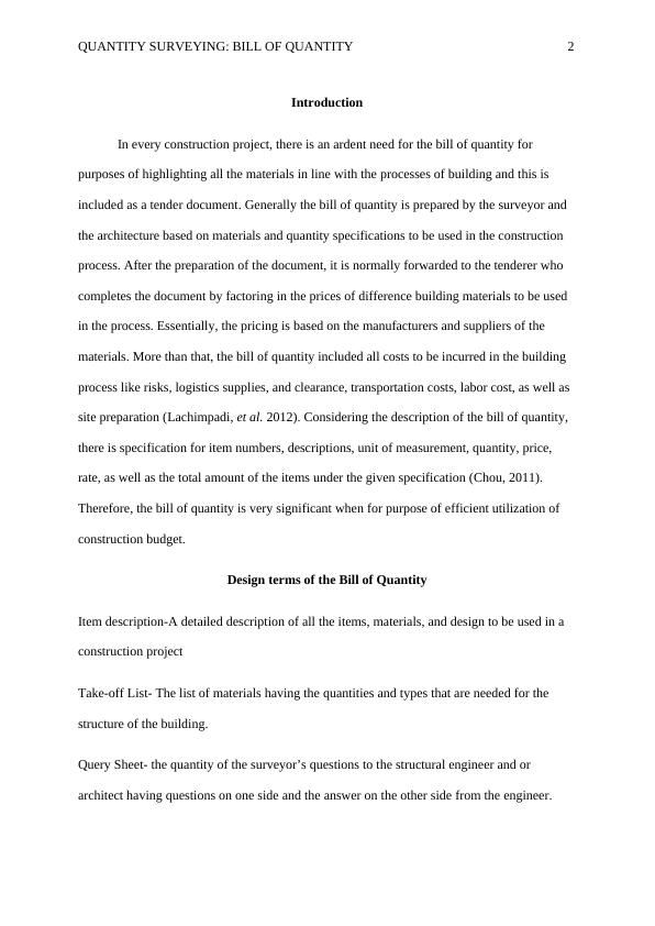 Bill of Quantities Report for Quantity Surveying 200486