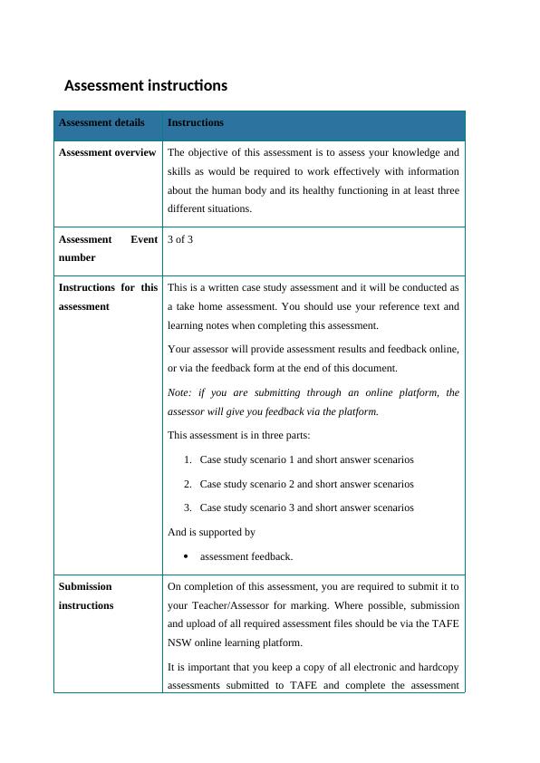 Case Study Assessment for Recognising Healthy Body Systems