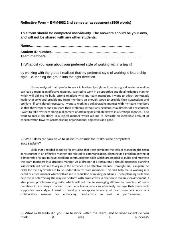 BMM4982 Reflective Form: Teamwork, Leadership, and Skills