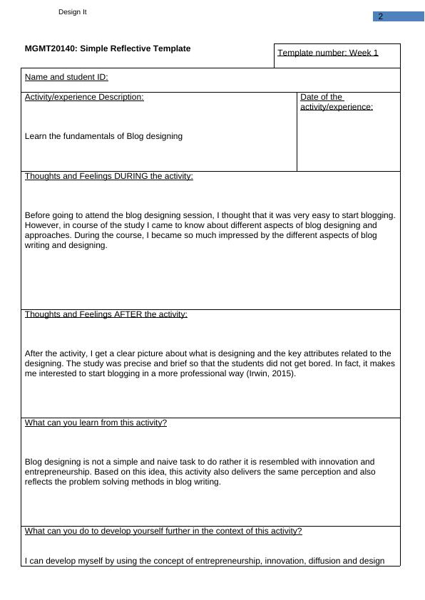 MGMT20140: Design Thinking and Reflective Journaling
