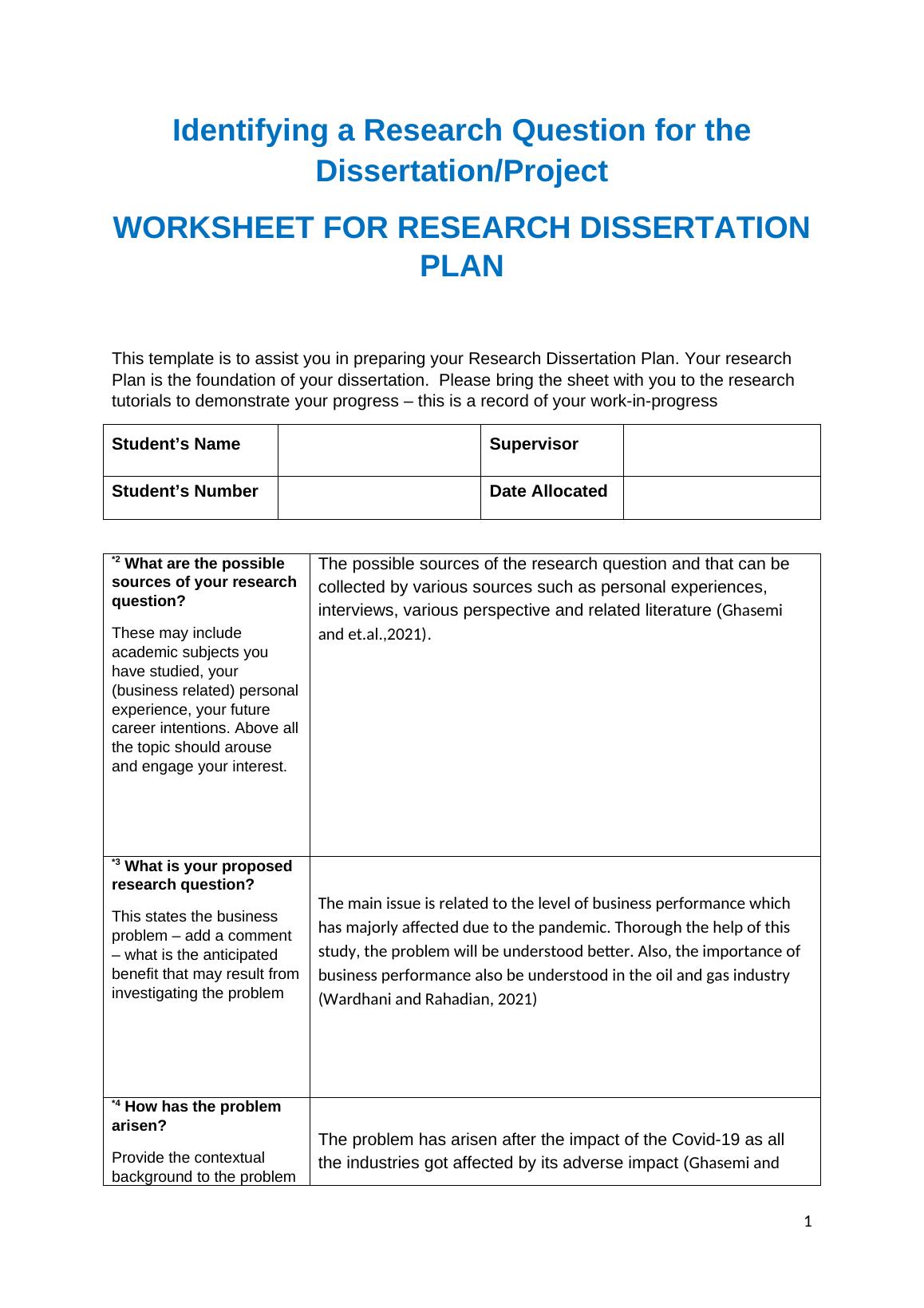 Worksheet for Research Dissertation Plan | Desklib