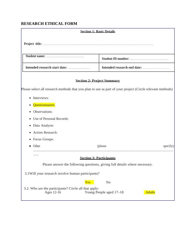 Research Ethical Form for a Study Project - Desklib