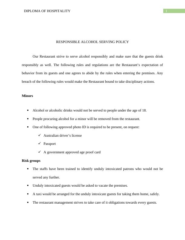 University Hospitality: Alcohol Serving Policy Report