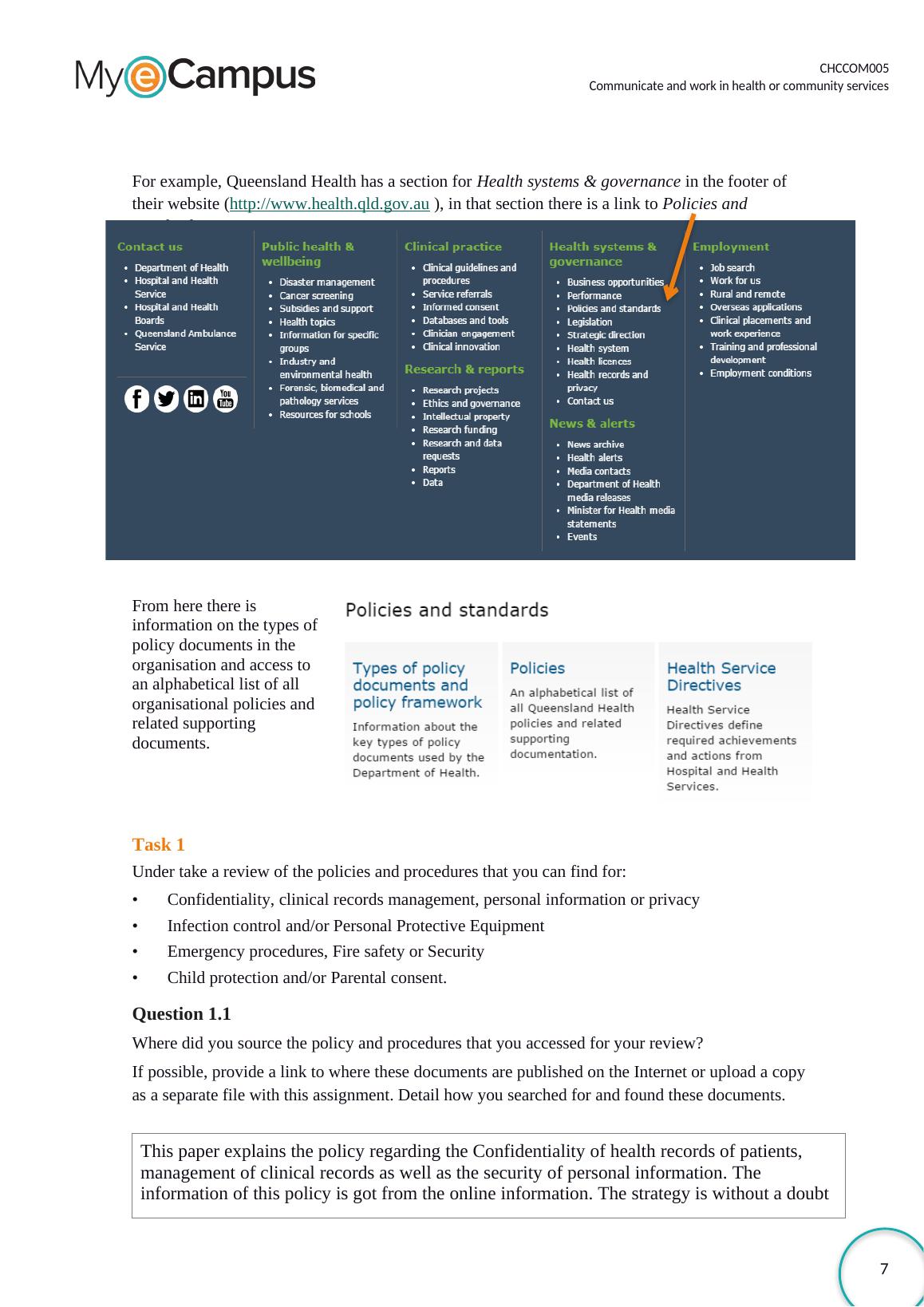 CHCCOM005 Assignment: Health Policies and Procedures