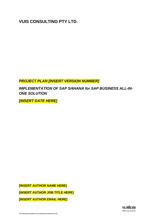 Project Plan for Implementation of SAP S/4HANA for SAP Business All-in ...