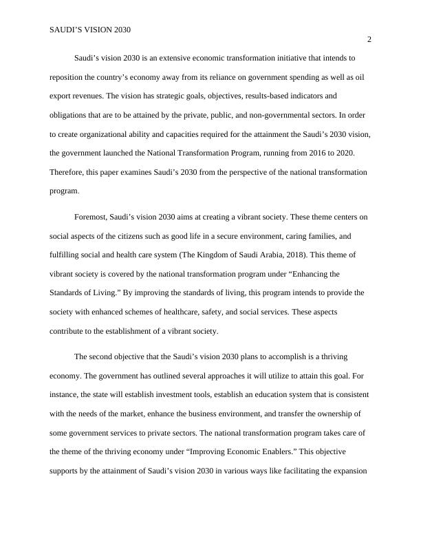 Saudi's Vision 2030 and the National Transformation Program