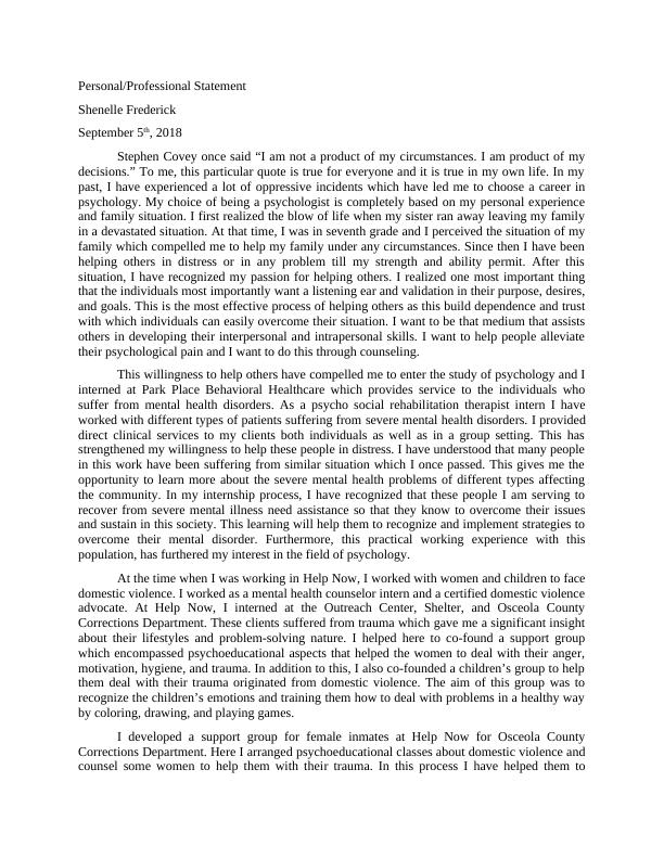 Personal/Professional Statement: Psychology Application