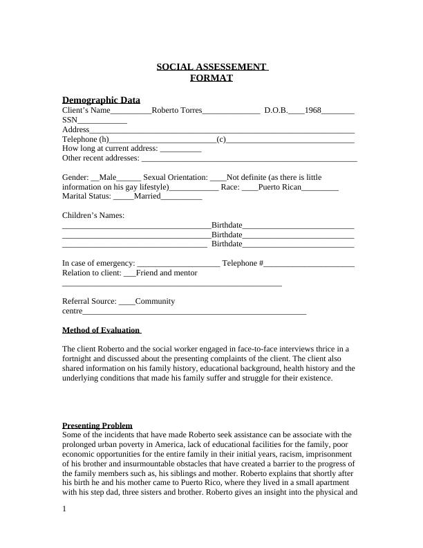 Comprehensive Social Assessment: Roberto Torres Case