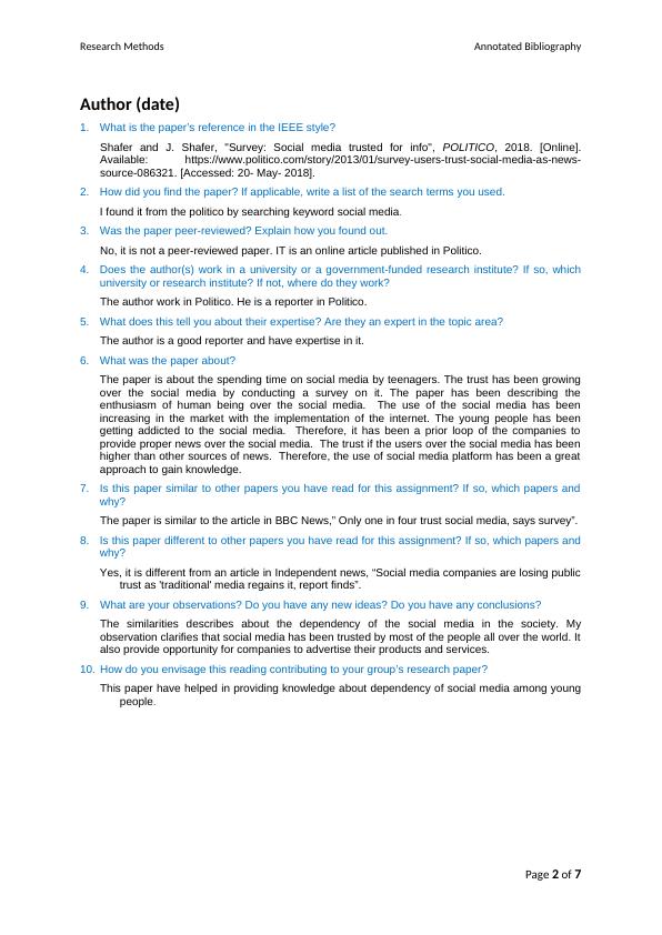 Research Methods: Annotated Bibliography Social Media Trust