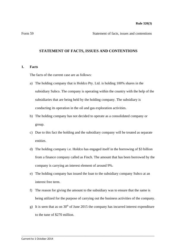 Statement of Facts, Issues and Contentions - Rule 320(3) Form 59
