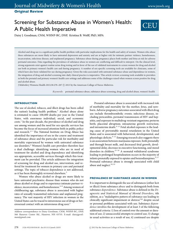 Screening for Substance Abuse in Women’s Health: A Public Health Imperative