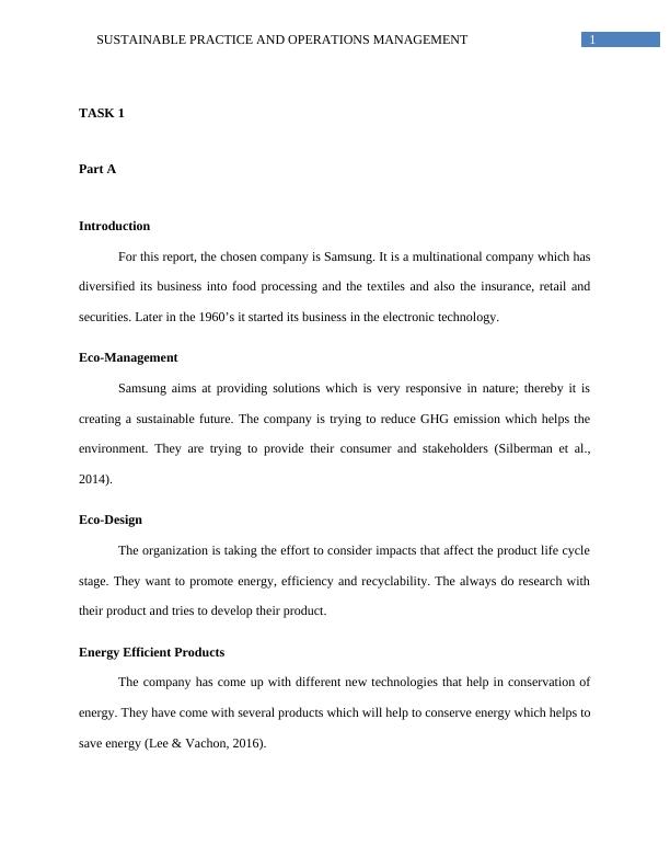 Sustainable Practice and Operations Management for Samsung | Desklib