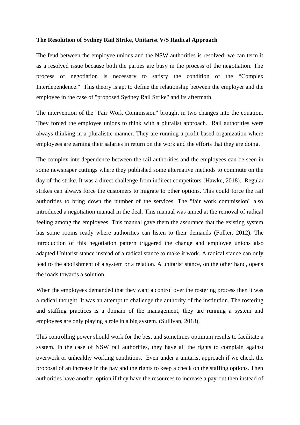 Resolution of Sydney Rail Strike: Unitarist V/S Radical Approach