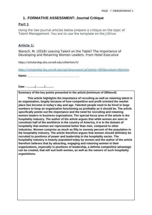 Journal Critique on Talent Management | Desklib