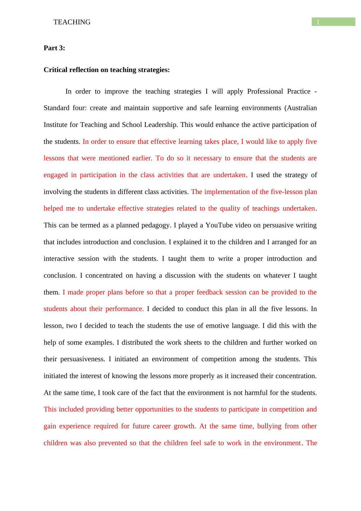 Teaching Strategies: Critical Reflection and Improvement