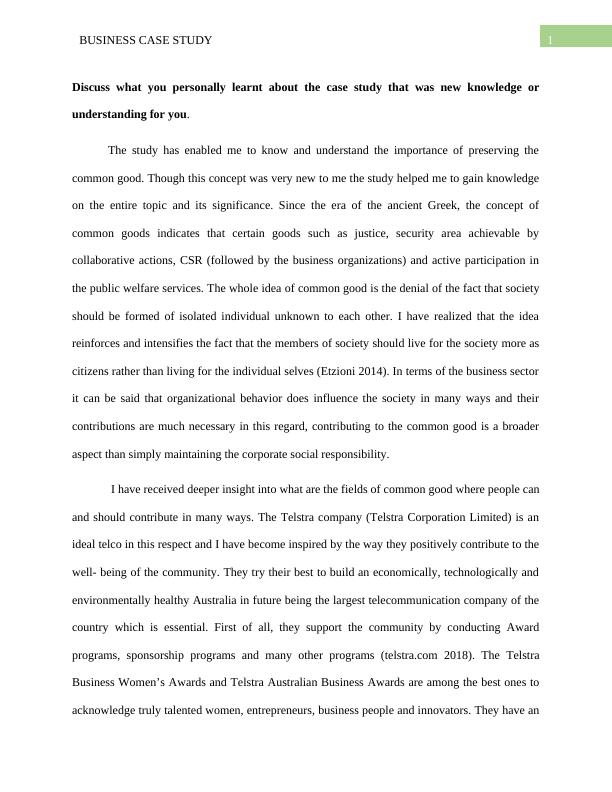 Telstra Case Study: Business Approach to Common Good