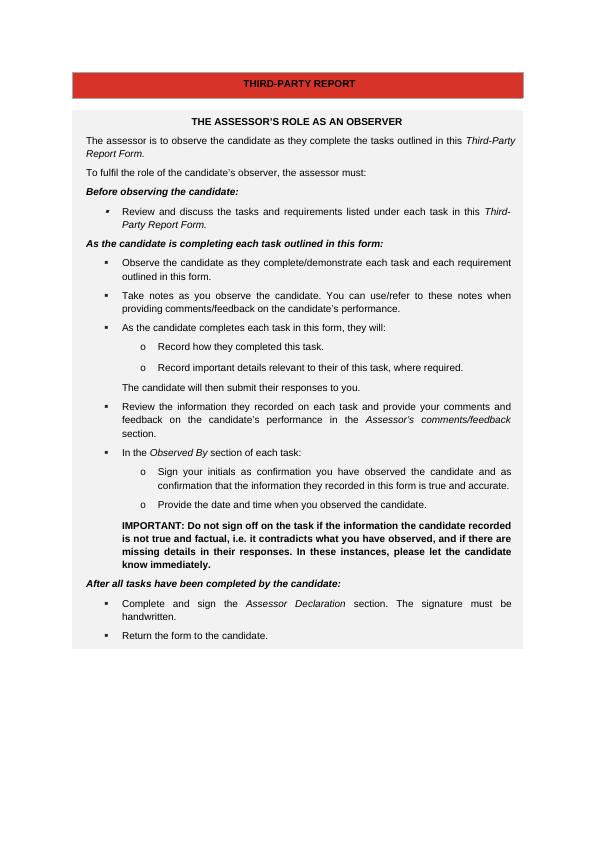 Third-Party Report Form for Observing Candidates | Desklib