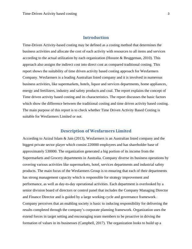 Suitability Of Time Driven Activity Based Costing For Wesfarmers Limited