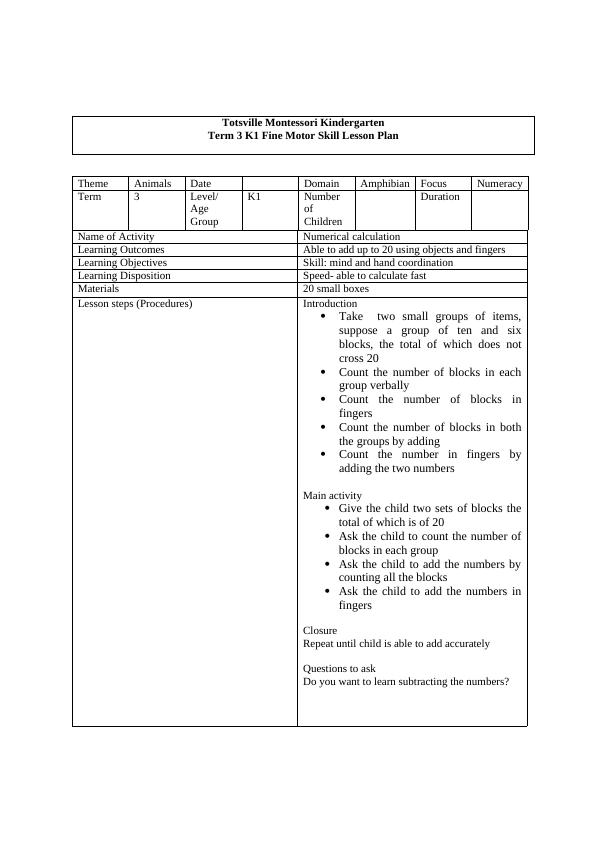 Totsville K1: Animal Theme Numeracy Lesson Plans, Term 3