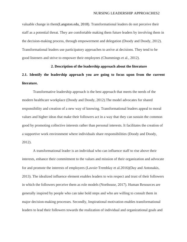 Transformational Leadership Approach in Nursing Practice - Desklib