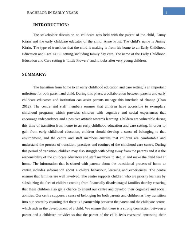 Stakeholder Discussion on Childcare Transition, Early Years