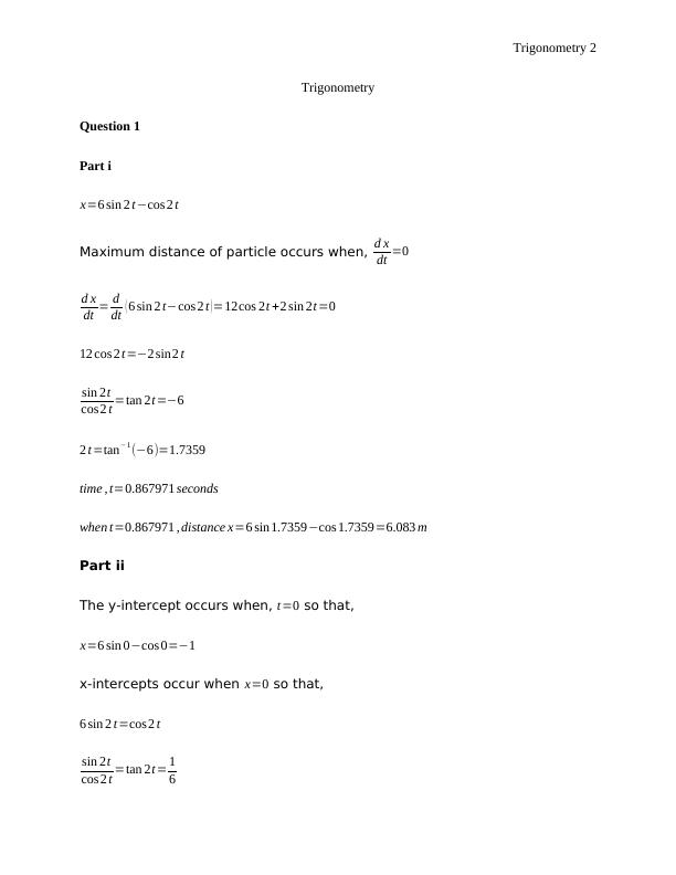 Trigonometry: Solved Assignments and Essays | Desklib