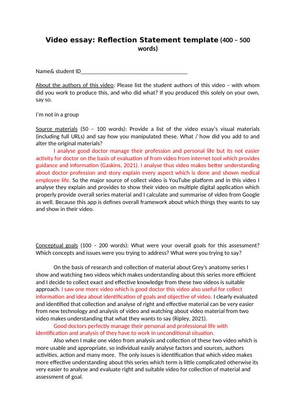 Video Essay Reflection Statement Template for Good Doctor