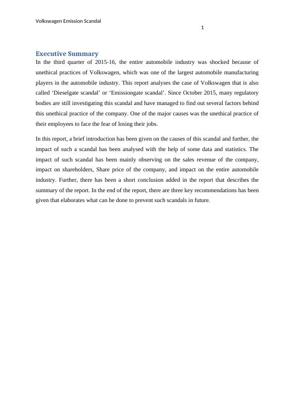 Volkswagen Emission Scandal: Causes and Impact Analysis