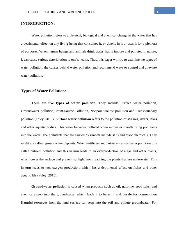 Water Pollution: Types, Causes, and Solutions Essay