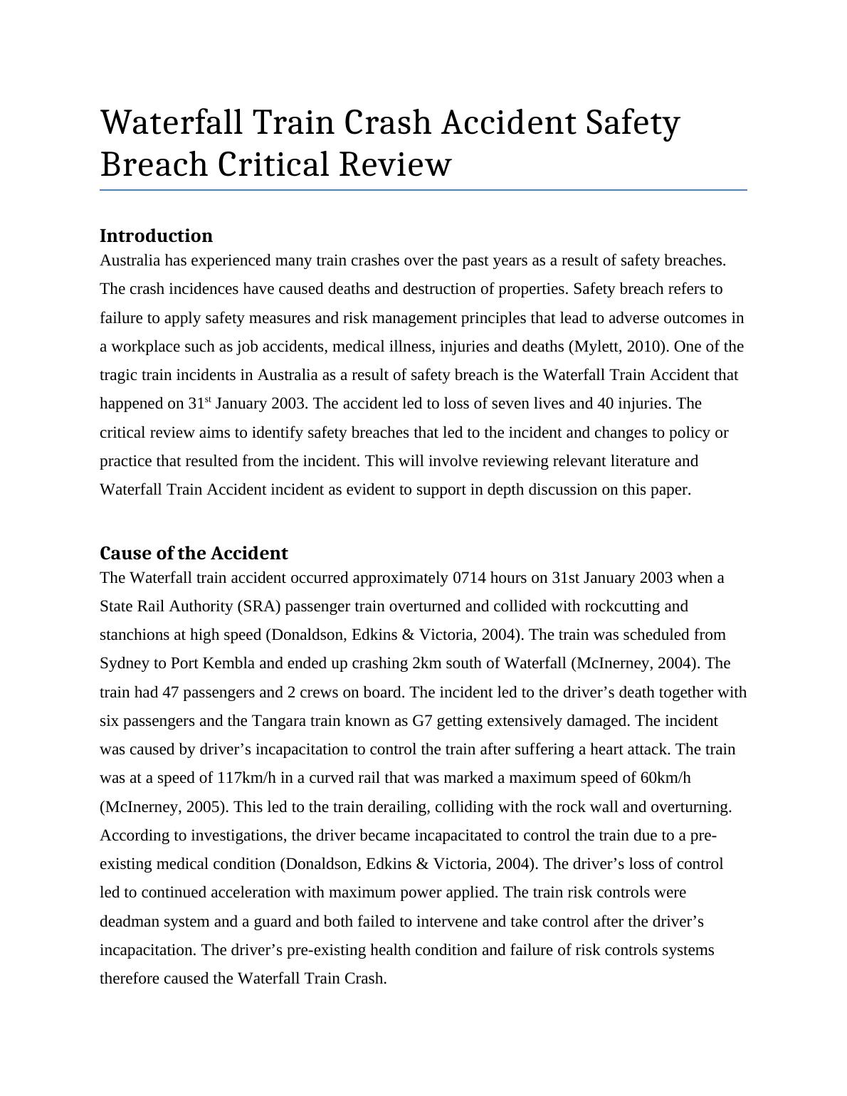 Safety Breaches in the Waterfall Train Crash Accident