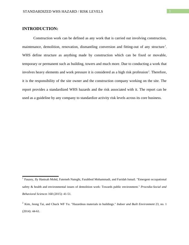 University - Standardized WHS Hazard/Risk Levels Report