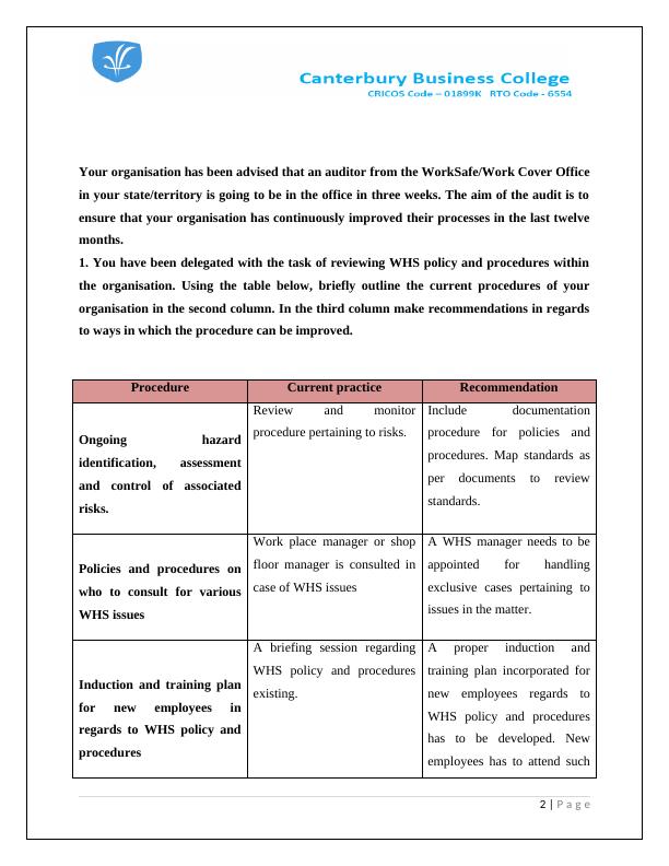 WHS Audit Prep: Policy Review & Improvement - BSBWHS501 CBC