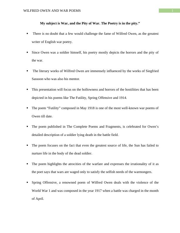 Wilfred Owen and War-Poems - Desklib