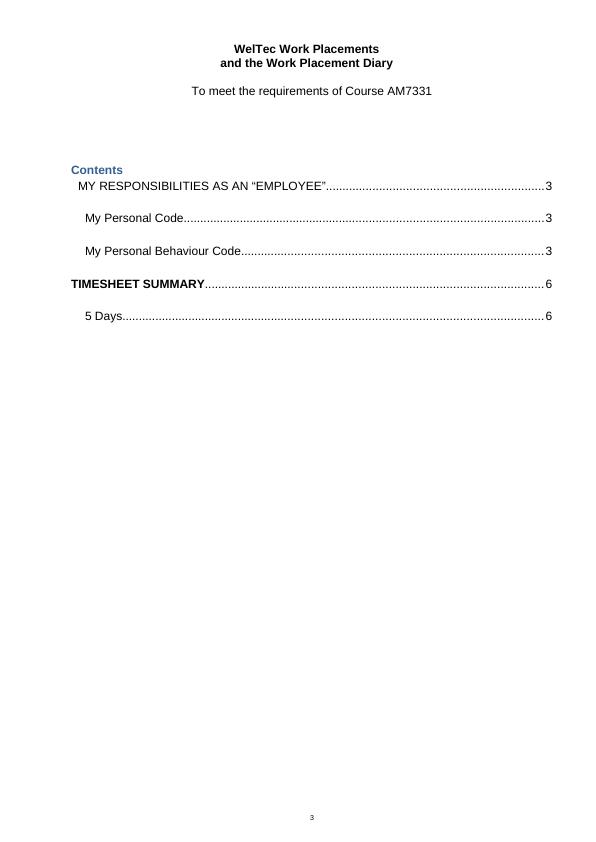 Work Placement Diary for Course AM7331 - Desklib