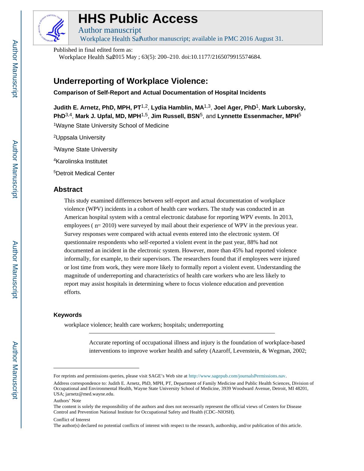 Underreporting of Workplace Violence: Comparison of Self-Report and ...